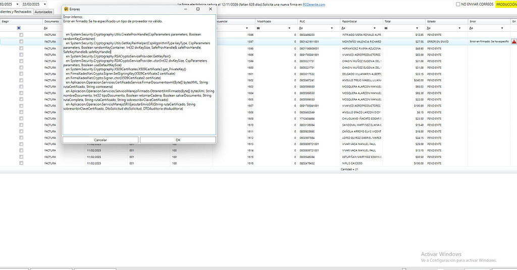 Error en firmado: Se ha especificado un tipo de proveedor no válido. en System.Security ...